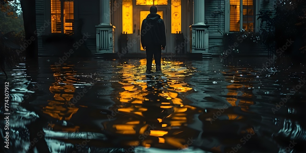 A man stands on a flooded doorstep at night with water covering the ...