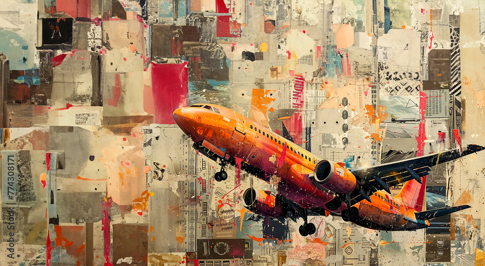 Color mosaic collage on the theme of traveling by plane in retro style ...