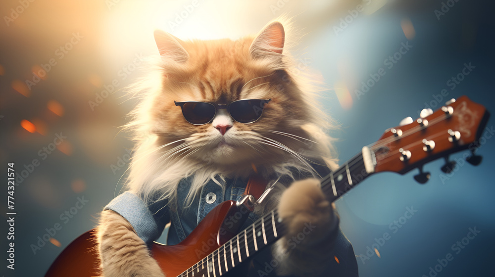 cat as rock star playing guitar at concert wearing Stylish sunglasses ...