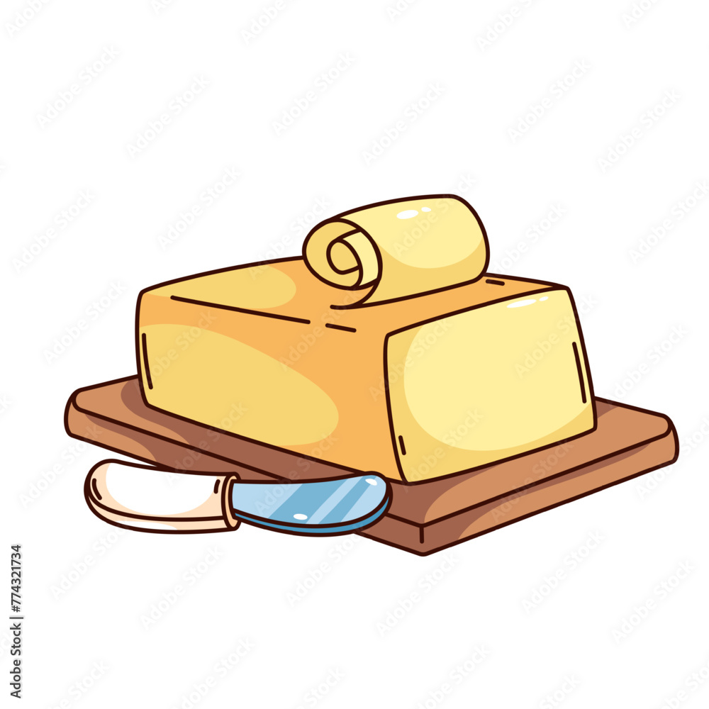 Groovy cartoon butter bar on cutting board with knife. Funny retro ...
