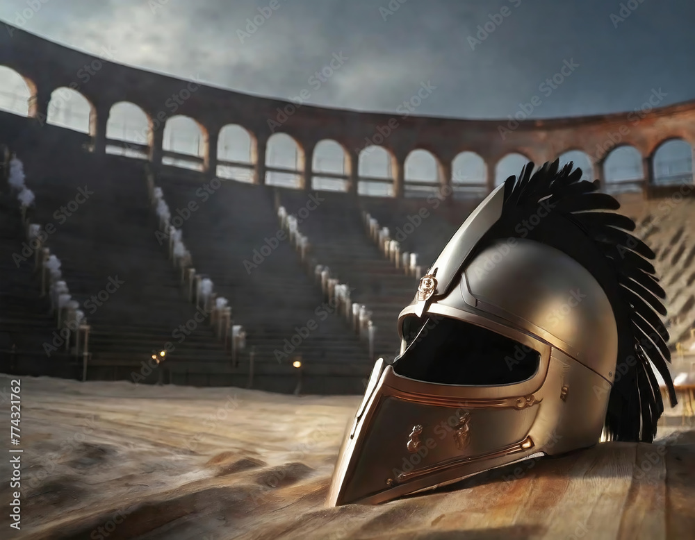 A gladiator helm in the sand of the arena in colosseum. Ancient rome ...