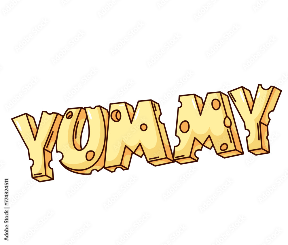 Groovy cartoon sticker with Yummy text and cheese letters. Funny retro ...
