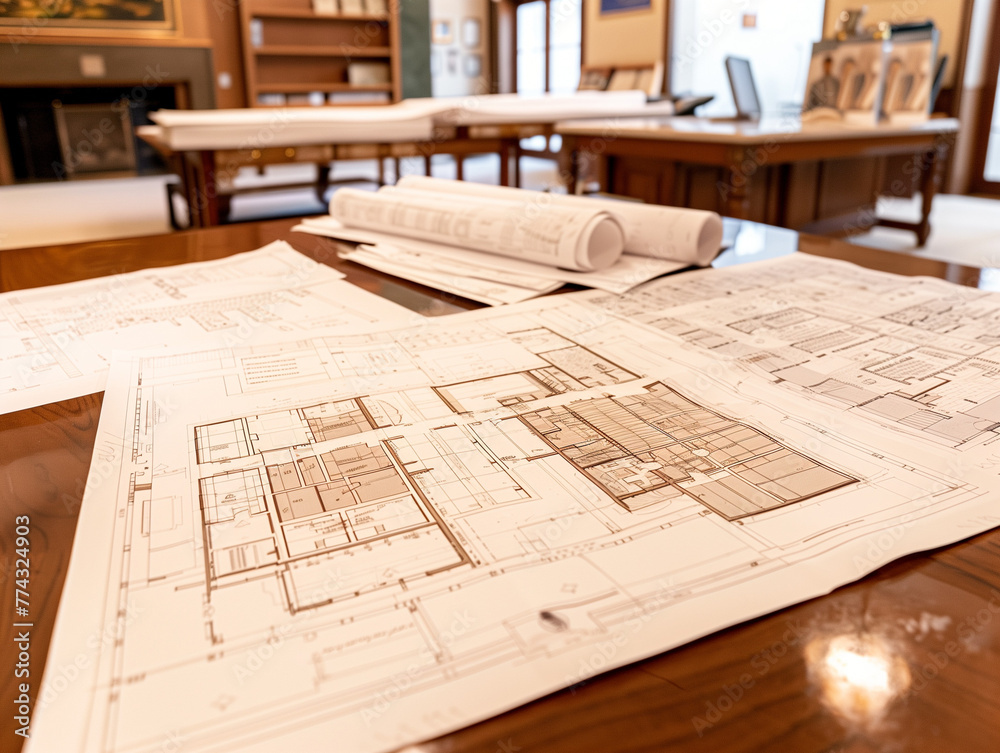 Overhead view of detailed architecture plans spread out on a large ...