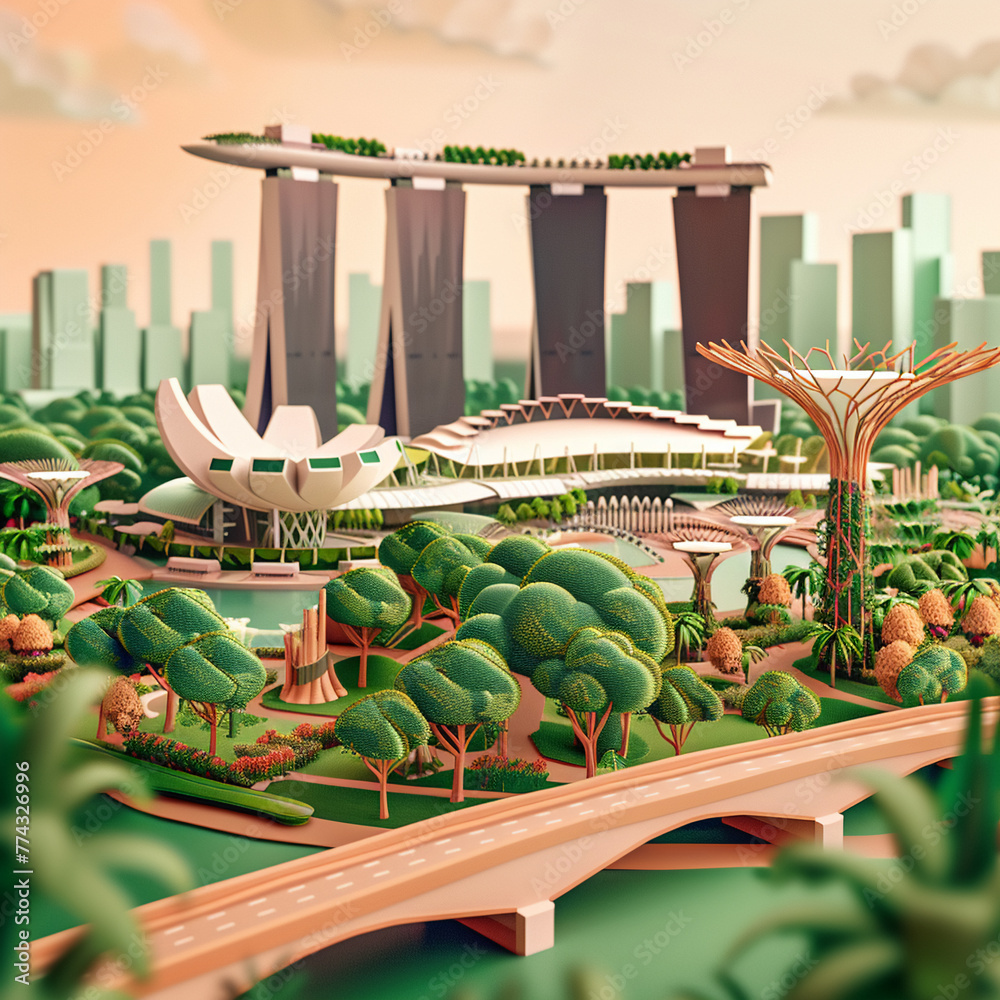 Illustrate a 3D vector of Singapore's Marina Bay Sands and Gardens by ...