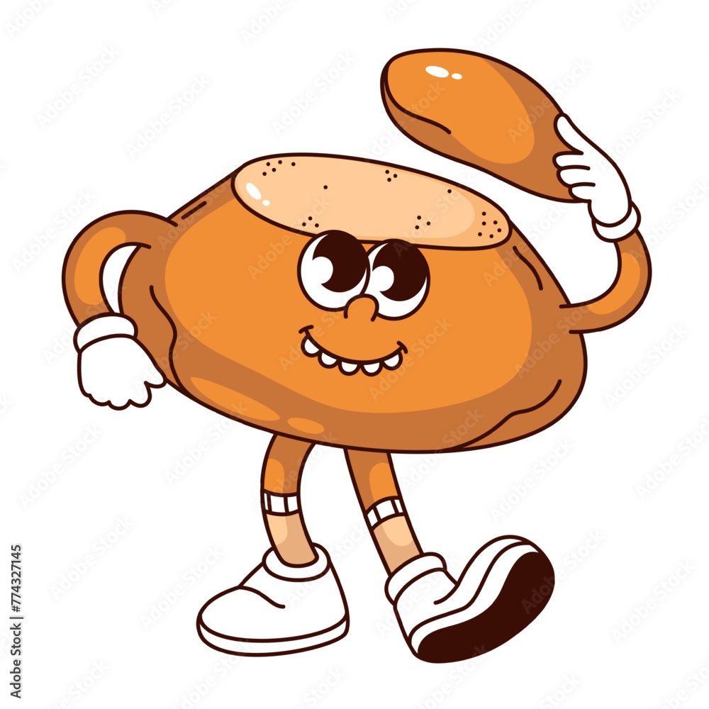 Groovy round bread cartoon character holding cap with funky smile ...
