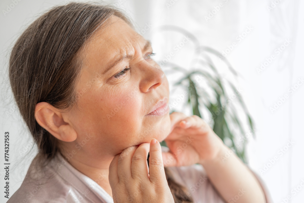Double chin face mature woman 50 years old, human fat neck, side view ...
