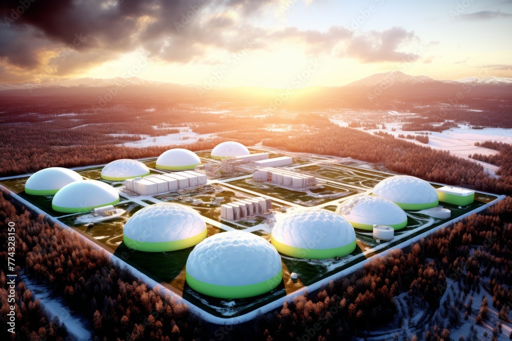 Aerial view of Biogas production plant with large tanks and equipment ...