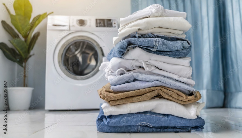 Stack of clothes in front of a washing machine in the laundry room ...