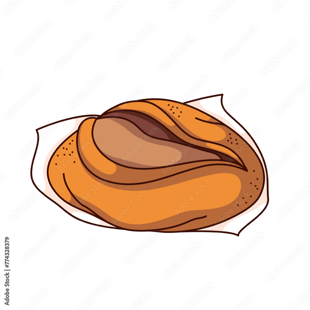 Groovy cartoon fresh Tabatiere bread in paper wrapper. Funny retro ...