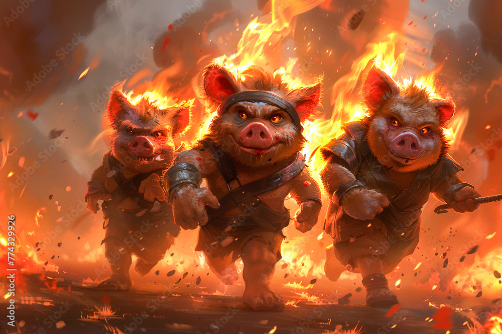 Three animated pigs in combat gear charging through a fiery battlefield ...