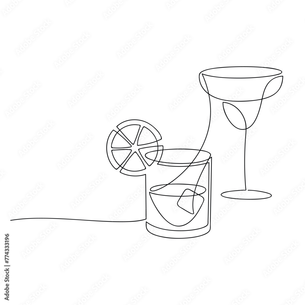 Whiskey brandy bourbon drink cocktail glass line continuous drawing ...