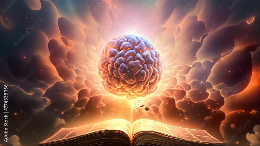 Brain coming out of an open book, conceptual image. 3D rendering ...