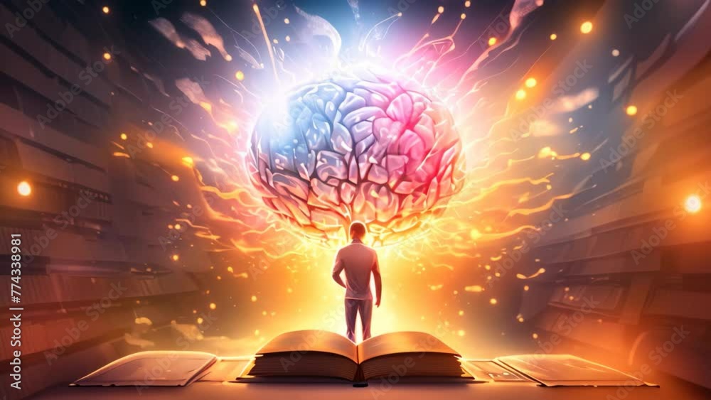 Man sitting on book and brain explosion coming out of book. Education ...