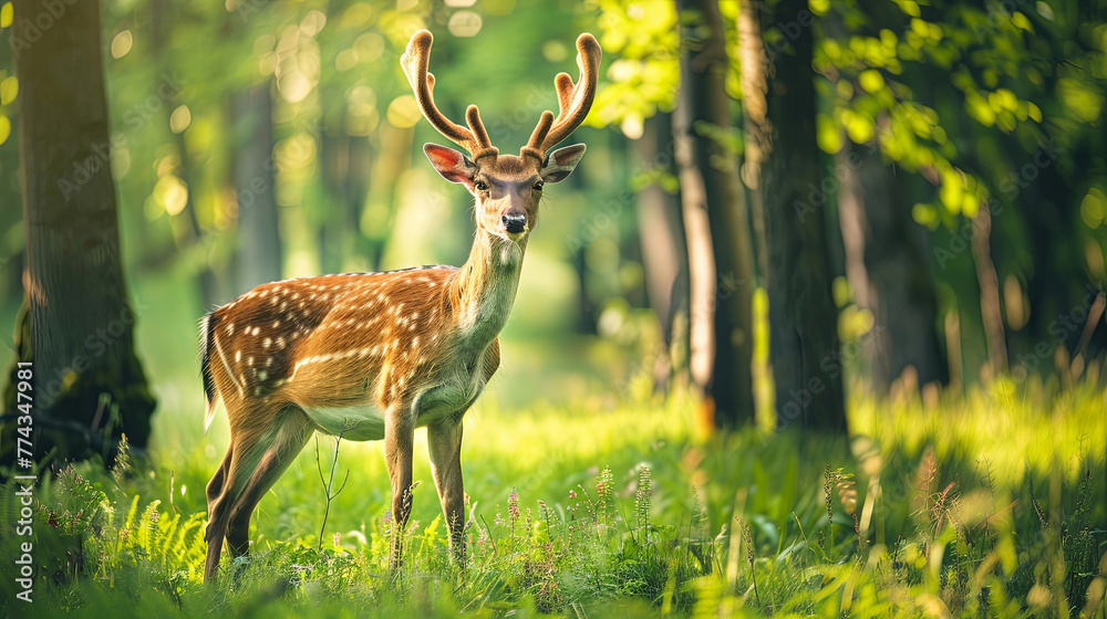 Deer walking through a green deciduous forest in the morning sun Stock Illustration | Adobe Stock