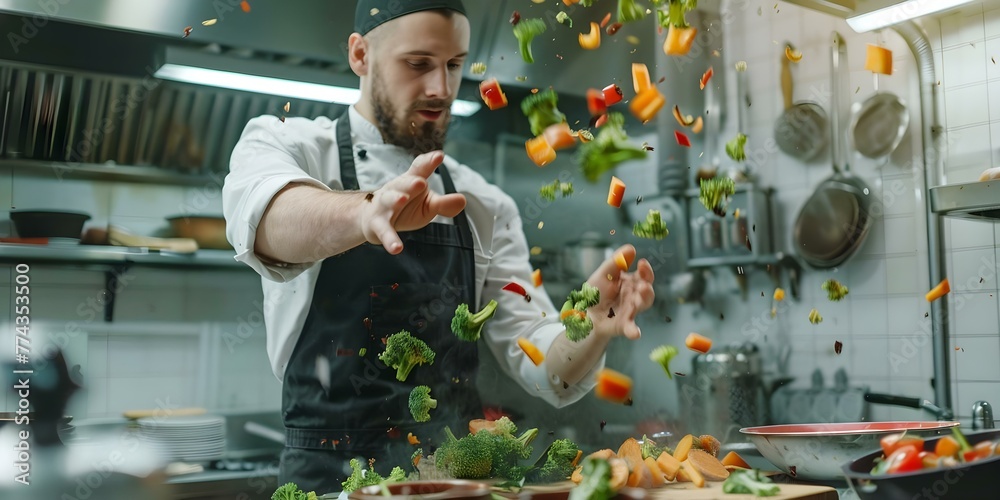 Man in restaurant kitchen throwing away baked vegetables highlighting ...