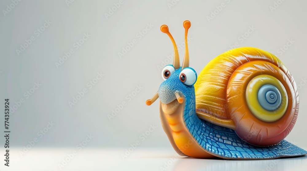 A cartoonish, smiling, yellow and blue snail is sitting on a white ...