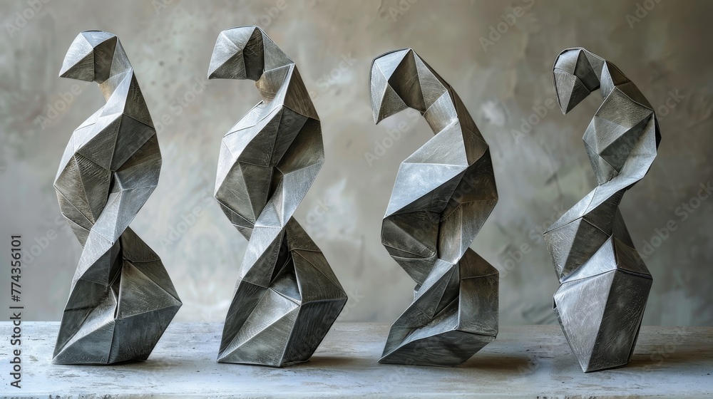 Four sculptures made of stone, each one with a different shape and size ...