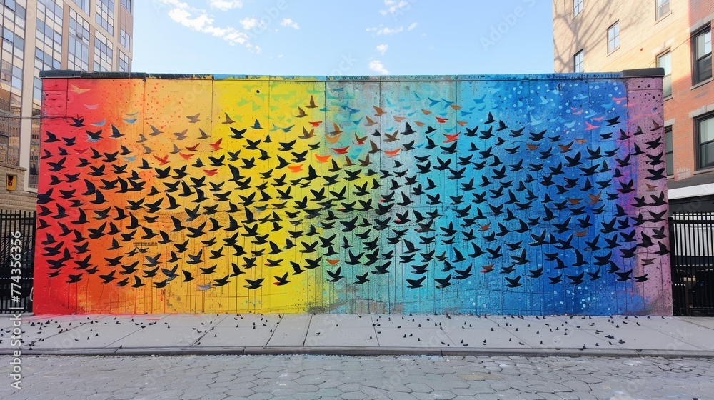 A colorful mural of birds is painted on a building. The birds are in ...