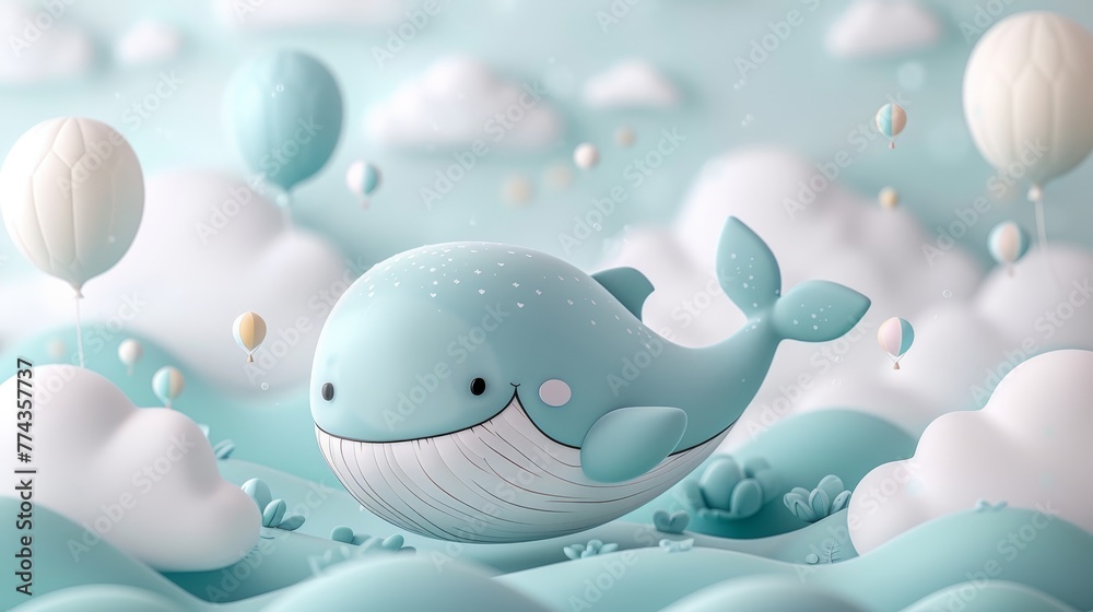 A cartoon whale is flying through the sky with a bunch of balloons. The ...