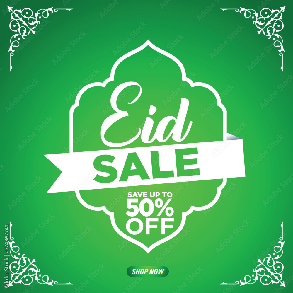 "Eid Sale" save up to 50% off vector illustration with Islamic border ...
