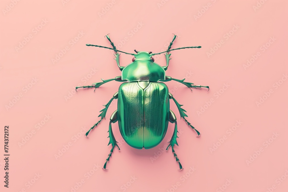 Hyper-realistic 3D illustration of a metallic green beetle on a smooth ...