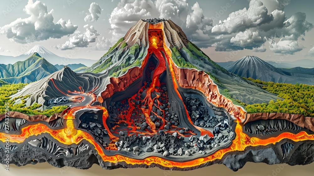 Detailed Scientific of Volcano Cross Section Showcasing Magma Chamber ...