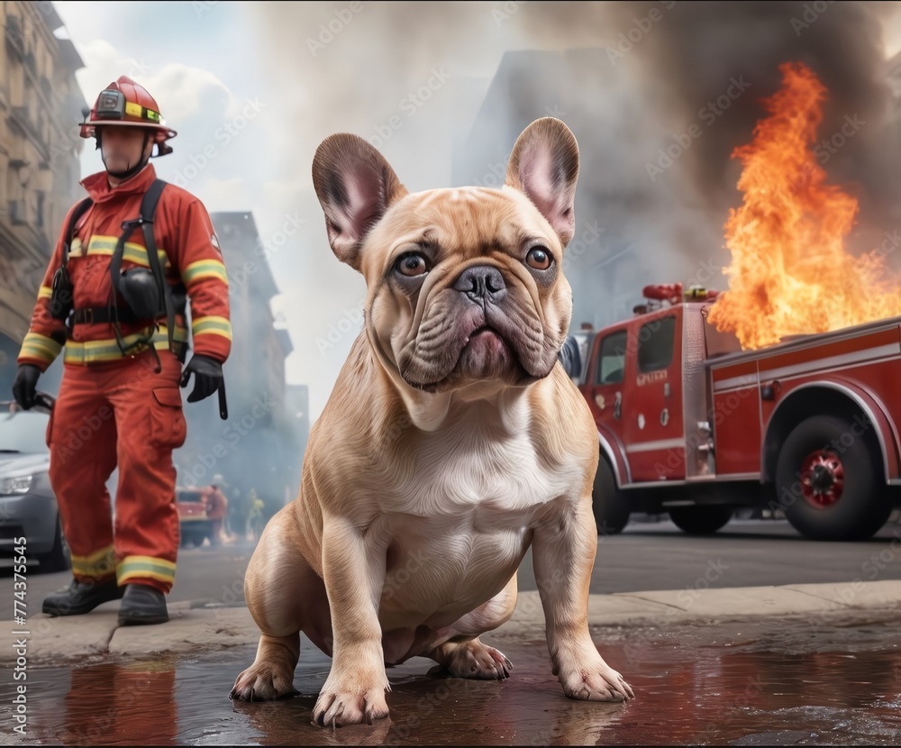 Image of dog and fire, bulldog, rescuer, fireman, natural disaster ...