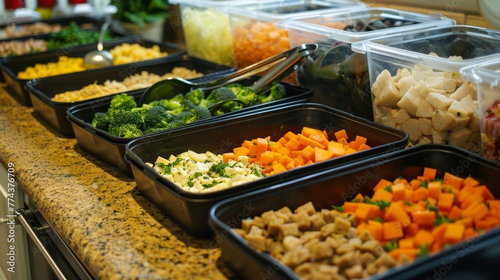 Preparing healthy food in containers for the work week for large family ...