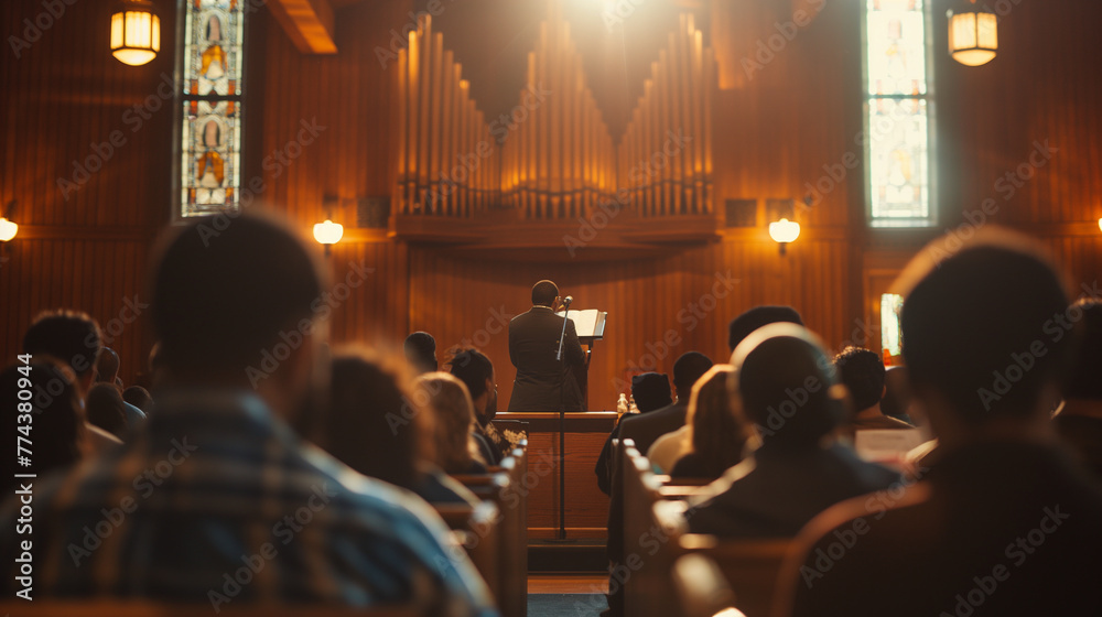 Foto de From the pulpit, a speaker addresses a packed church, the ...
