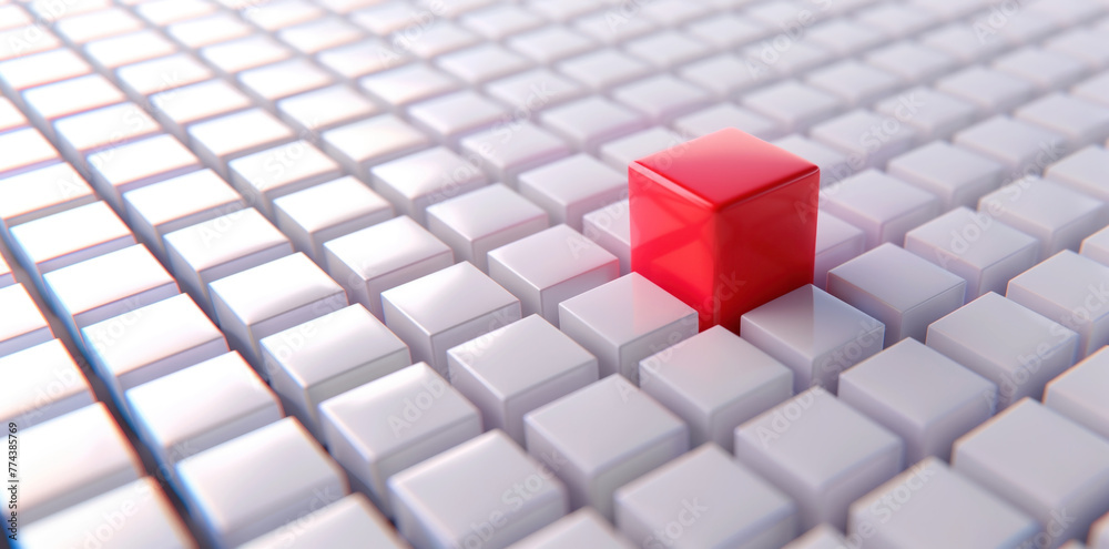 Red cube standing out from white grid. A conceptual representation of ...
