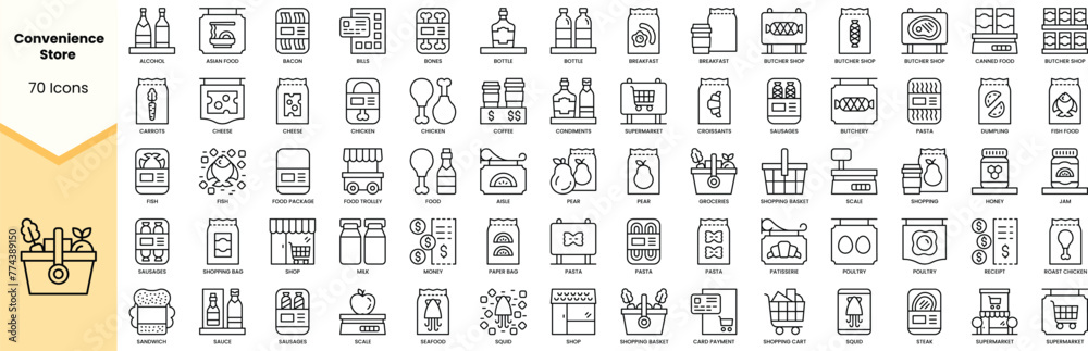 Vetor de Set of convenience store icons. Simple line art style icons ...