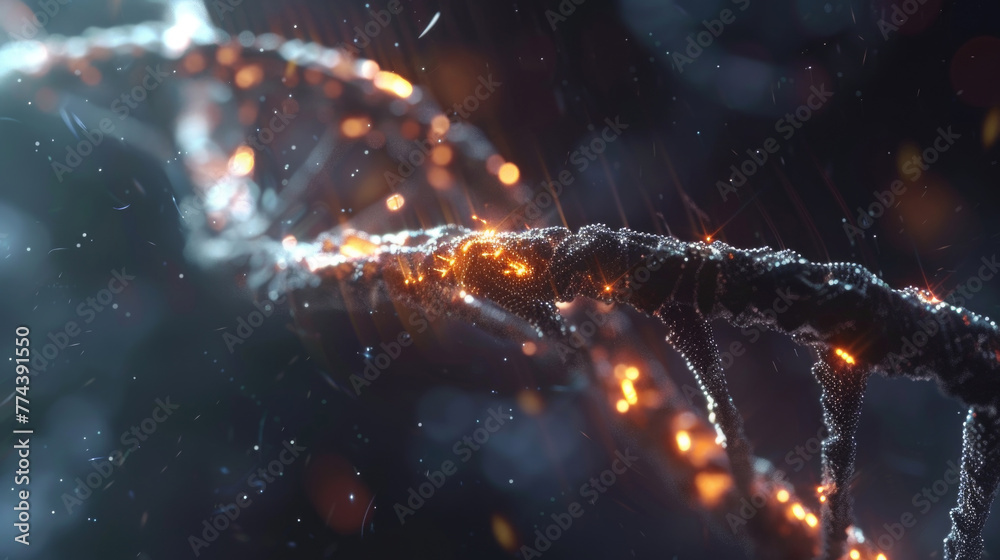 A 3D model of a DNA strand twists with illuminated nodes, symbolizing ...