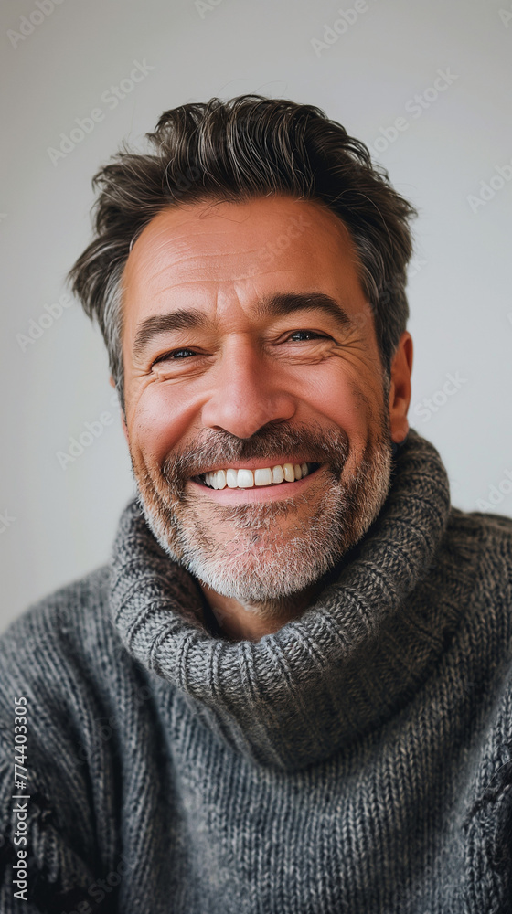 portrait of a 50 years old man smiling in high neck sweater Stock Photo | Adobe Stock