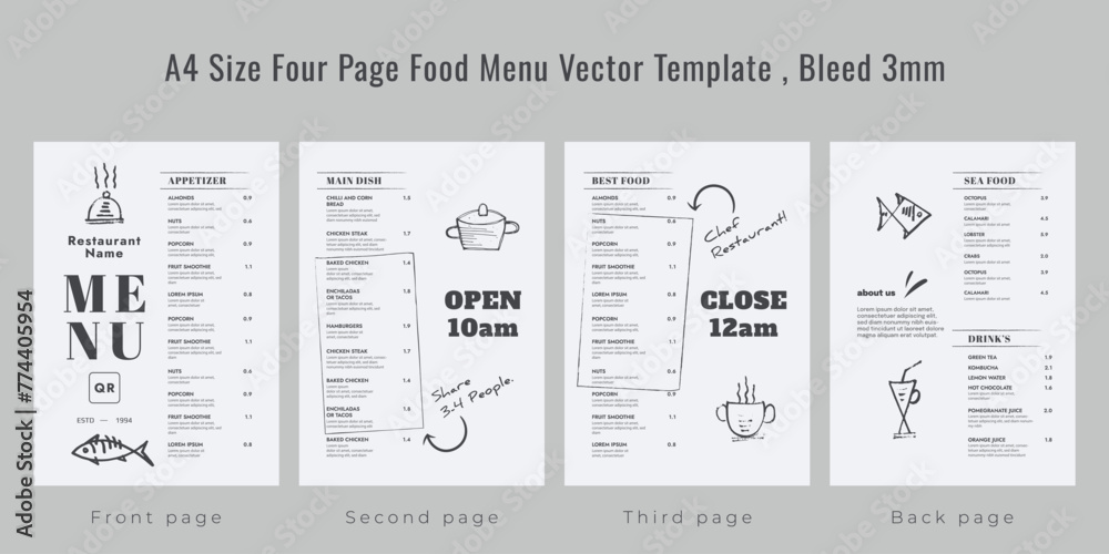 Restaurant cafe menu, template design, A4 size four page food menu ...