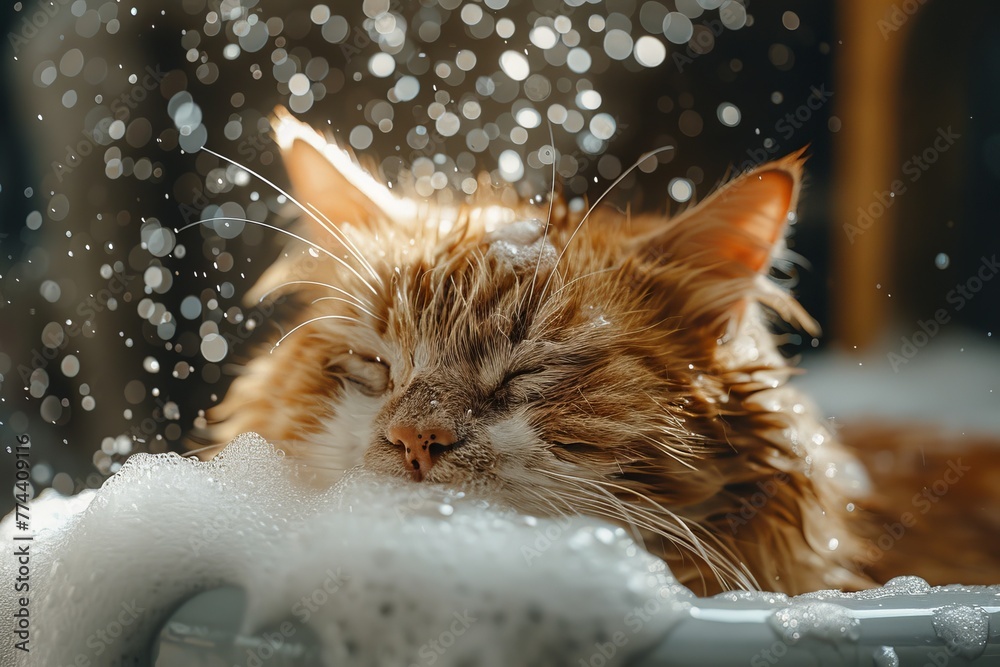 Cat getting pampered at a grooming salon Washing combing blow drying by ...