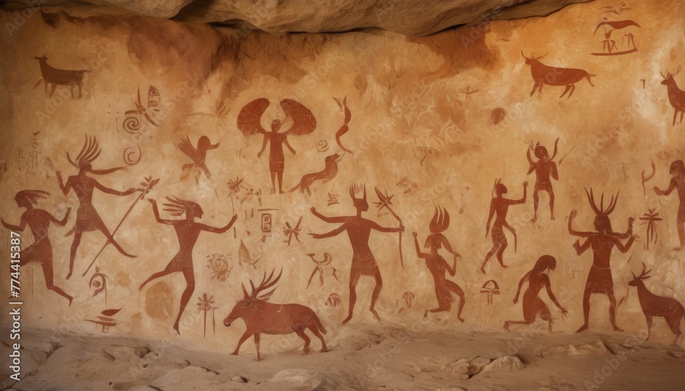The image captures ancient cave paintings depicting humans and animals ...