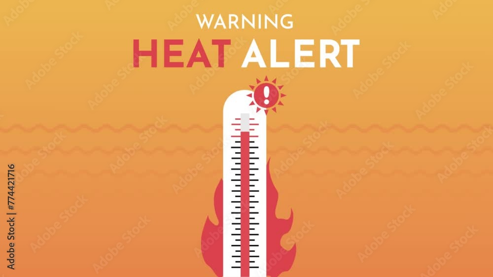 Heat alert warning. Thermometer burning, showing high temperature ...
