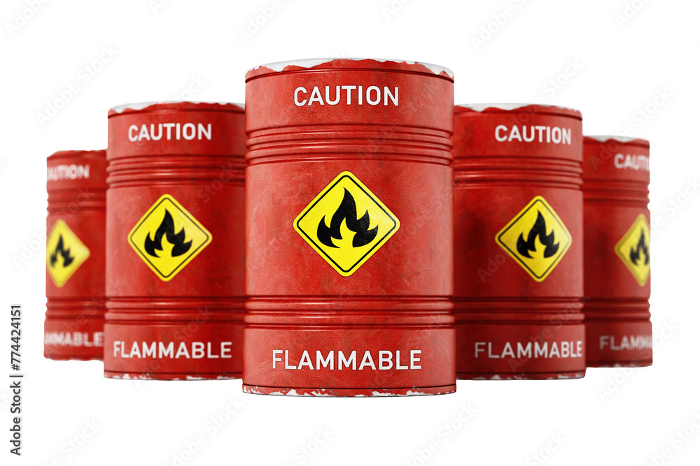 Red barrels with caution flammable warning text and fire symbol ...