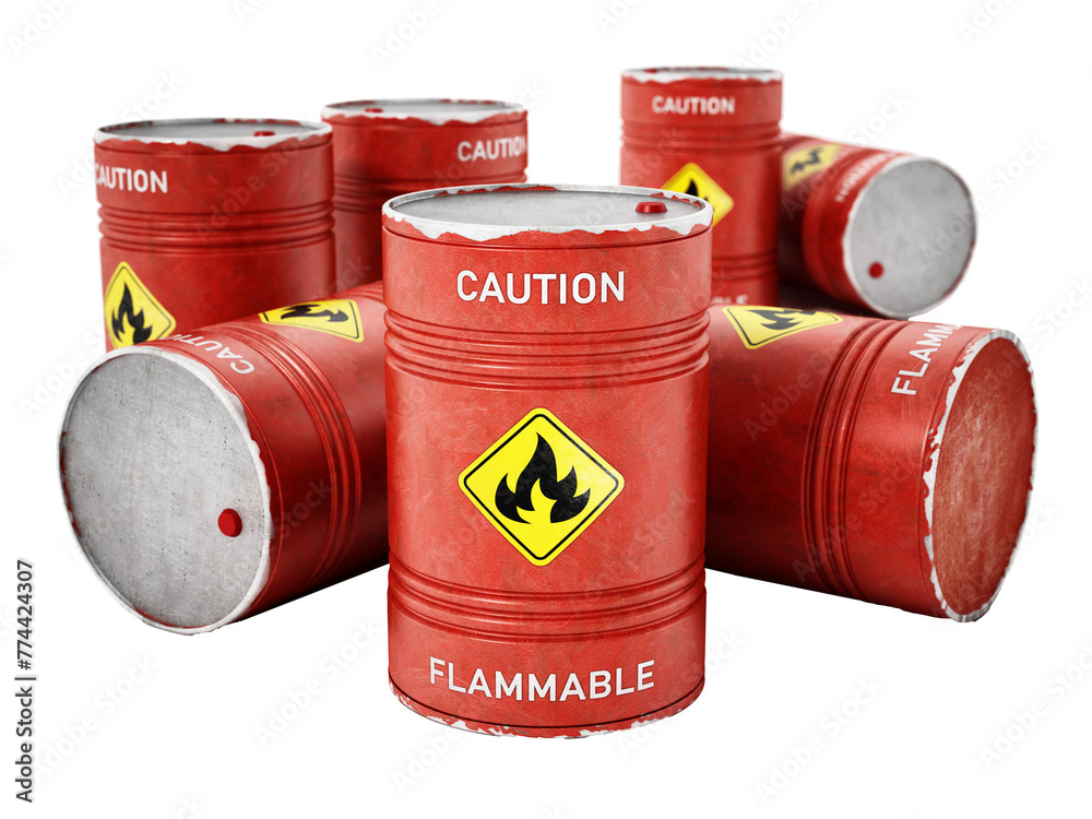 Red barrels with caution flammable warning text and fire symbol ...