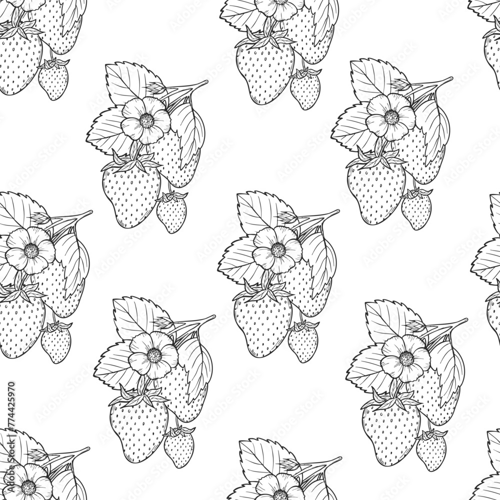 Strawberry seamless pattern, vector strawberries line art illustration ...