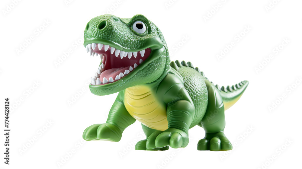 Toy dinosaur with open mouth and sharp teeth bares jaws in a menacing ...