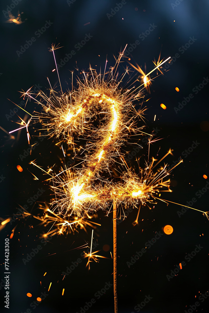 abstract gold glitter fireworks in the shape of a 2, gold number 2 ...