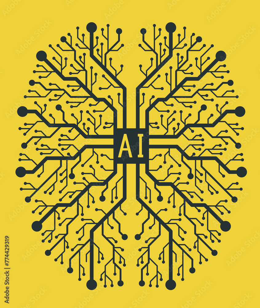 The technological brain of artificial intelligence. The brain is drawn ...