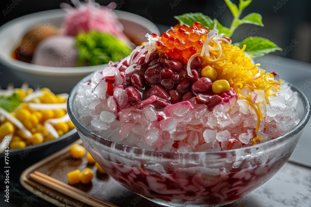 Shaved ice dessert from Malaysia with various toppings like beans corn ...