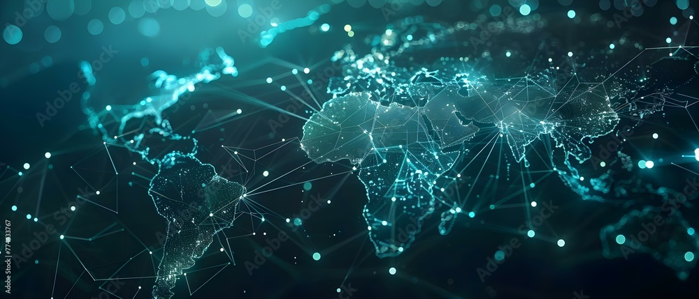 Global network map showing interconnected communication lines and nodes ...
