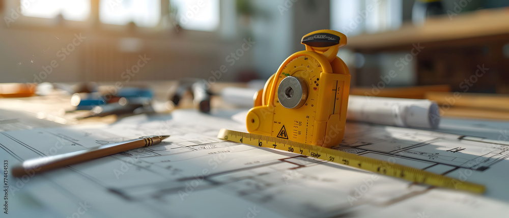 A yellow tape measure and various construction tools are arranged on ...