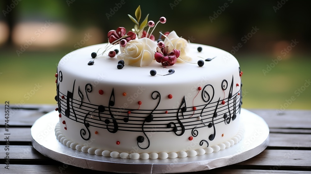 Music notes cake with fondant musical notes, instruments, and treble ...