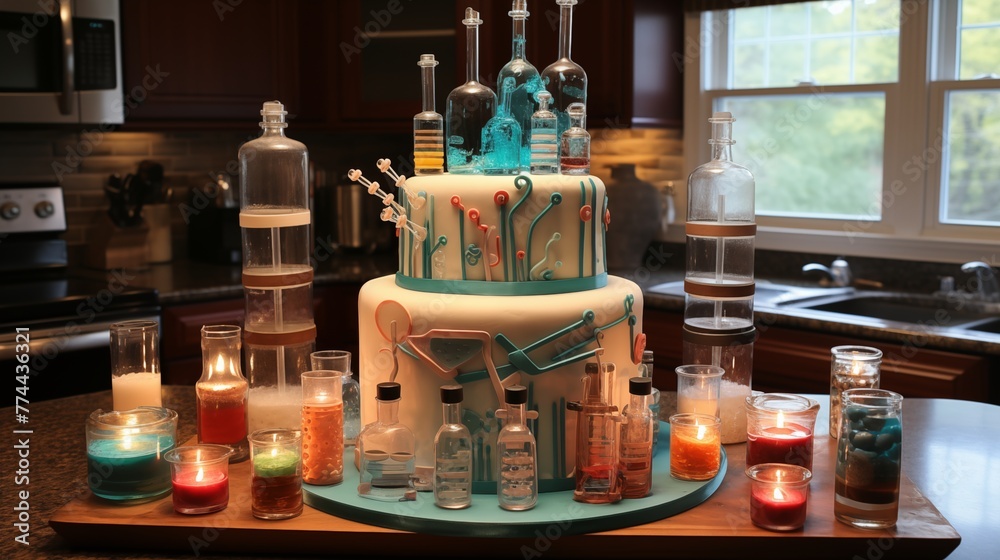 Science lab cake with fondant beakers, test tubes, and microscope ...