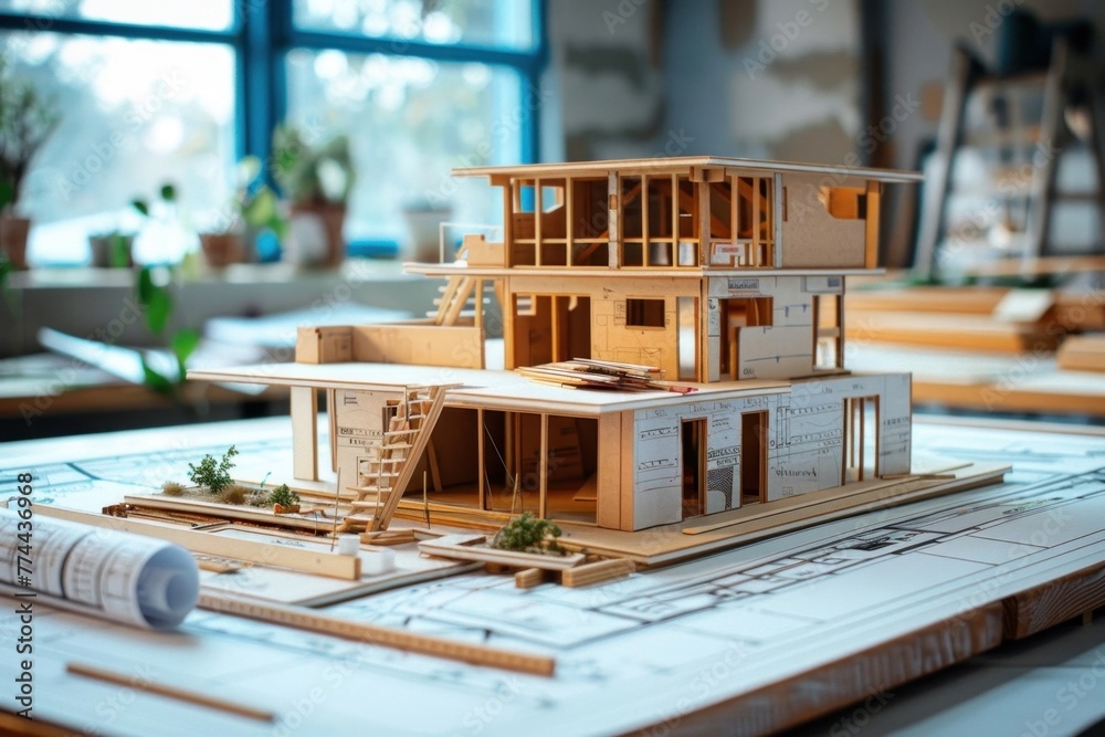 Detailed Cutaway Model House on Blueprint Plans Crafted from Balsa Wood ...