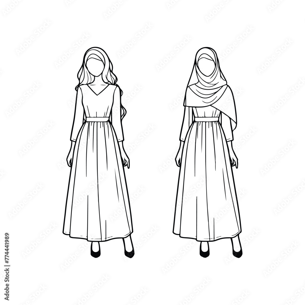 2 arabic hijabi women standing wearing long dress best for fashion logo ...